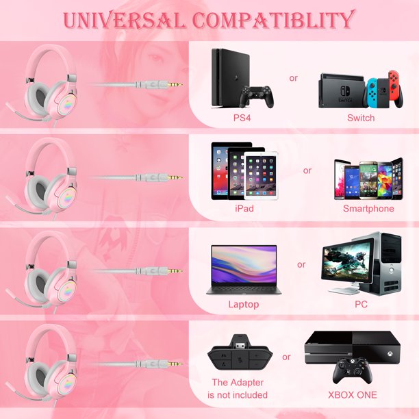 ONIKUMA Pink Gaming Headset, 3D Stereo Surround Sound RGB Folding Over ...